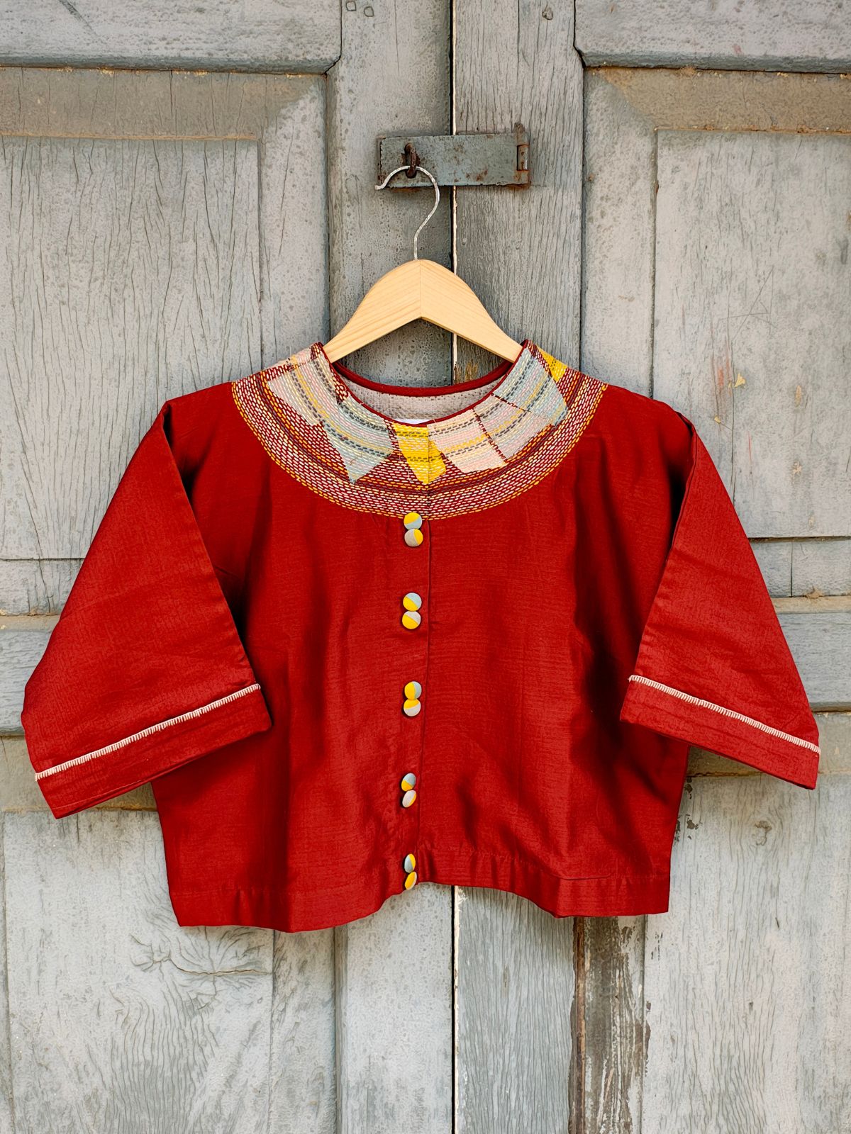 Chanderi Rust Crop Top With Sujani Work On Neck Line | Flourish Planet