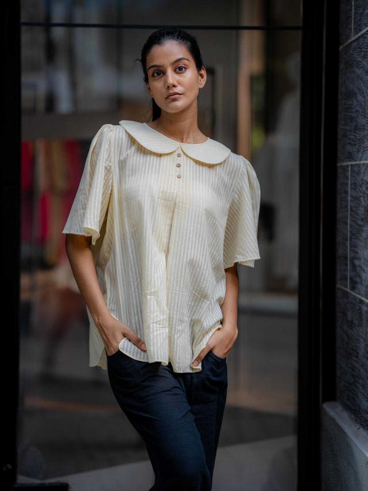 Cream Handwoven Striped Shirt | Flourish Planet