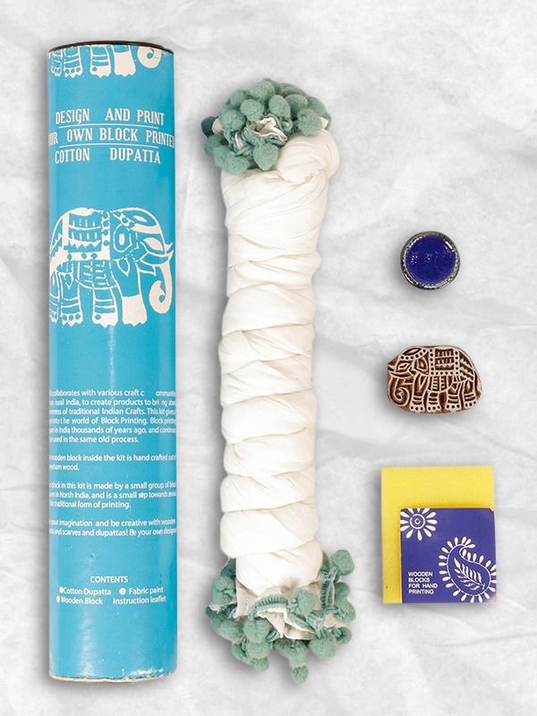 Handmade Wooden Block Print DIY Craft Kit Dupatta-(Elephant Design ...