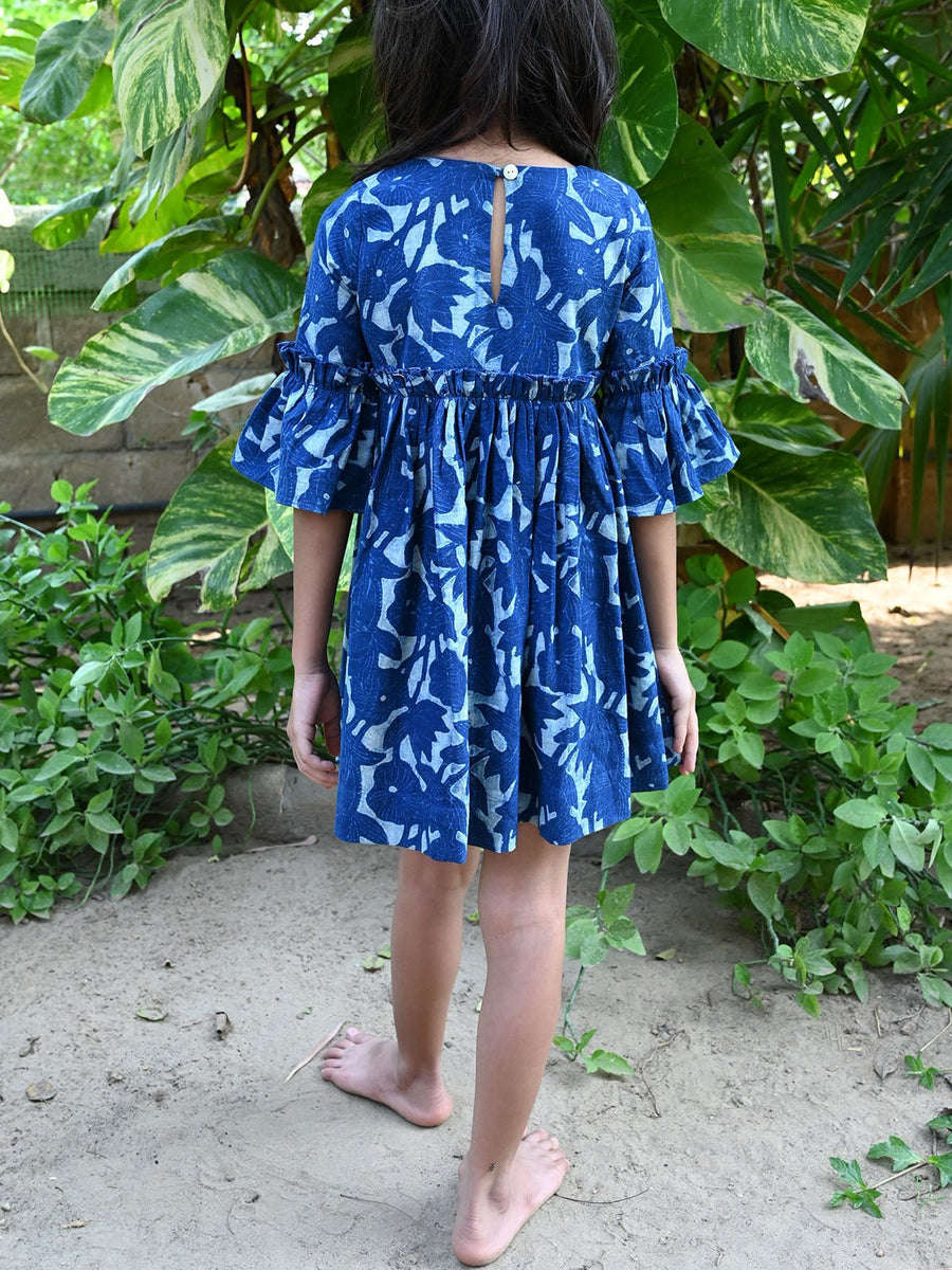 Natural Indigo Printed Girls Floral Bow Frock | Flourish Planet