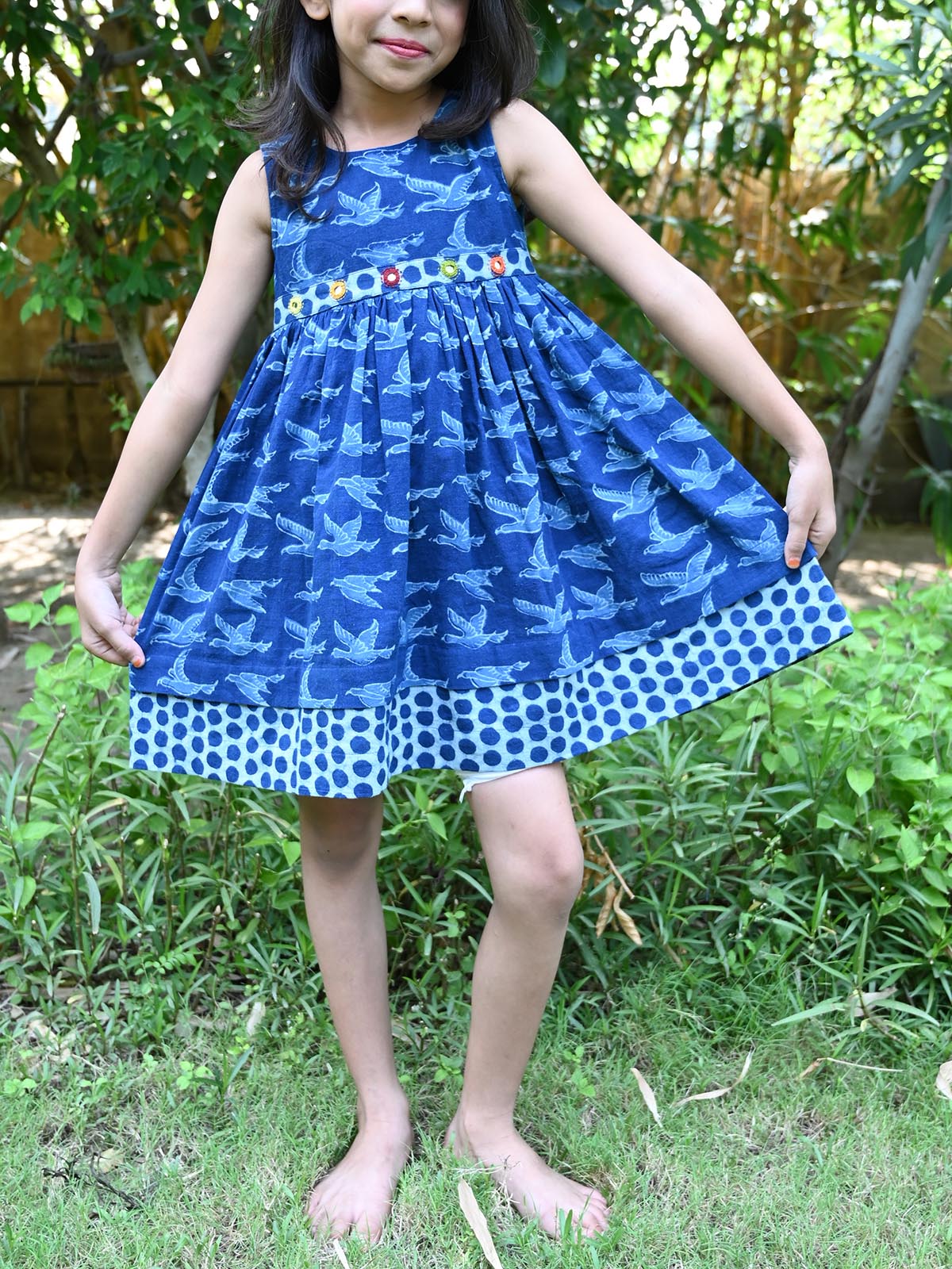 Natural Indigo Printed Girls Flying Birds Frock | Flourish Planet